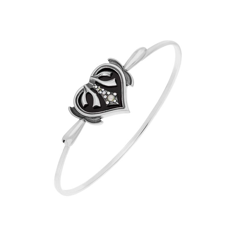 Sterling Silver Freshwater Pearl Whitby Jet Victoriana Hearts Bangle ...